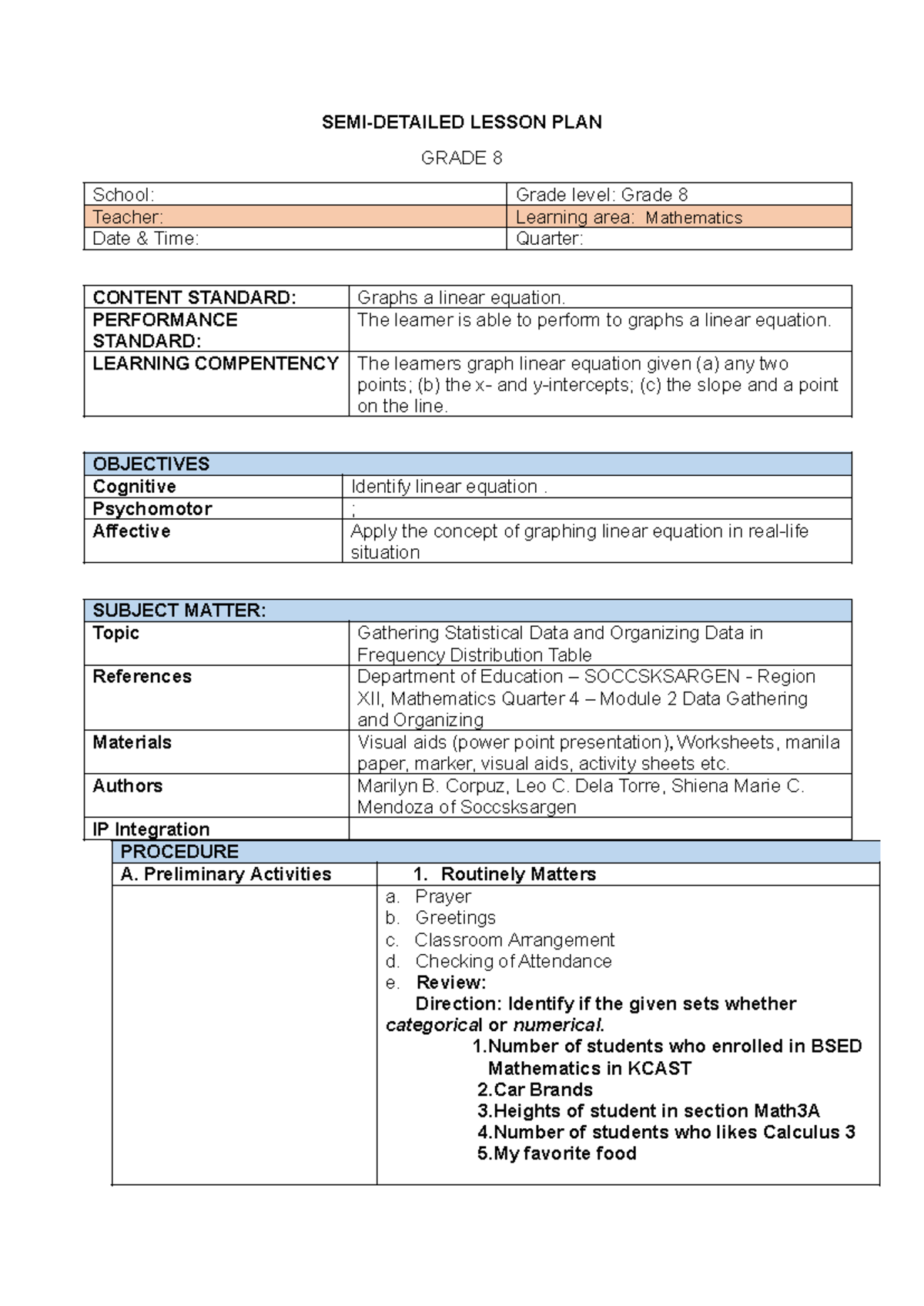 Lp 2 - nothing - SEMI-DETAILED LESSON PLAN GRADE 8 School: Grade level ...