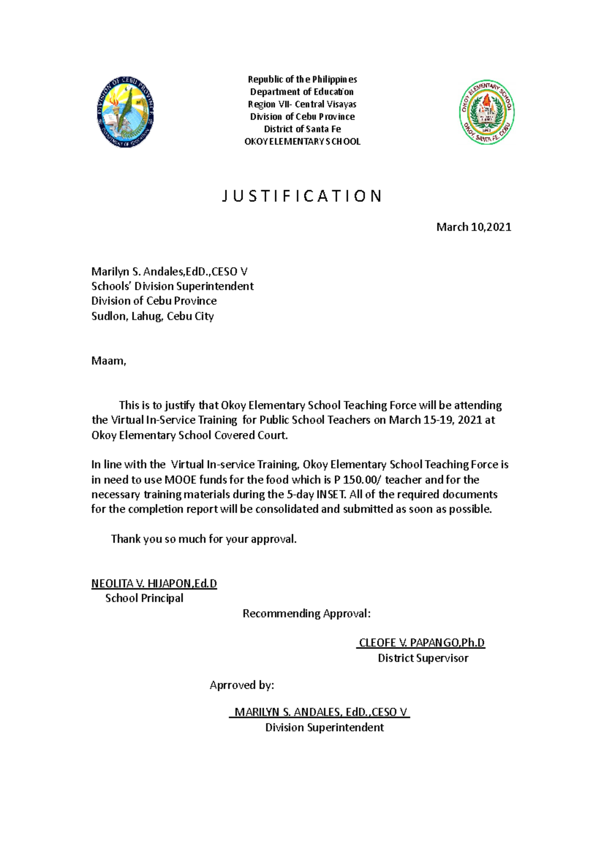 Justification-letter - Republic of the Philippines Department of ...
