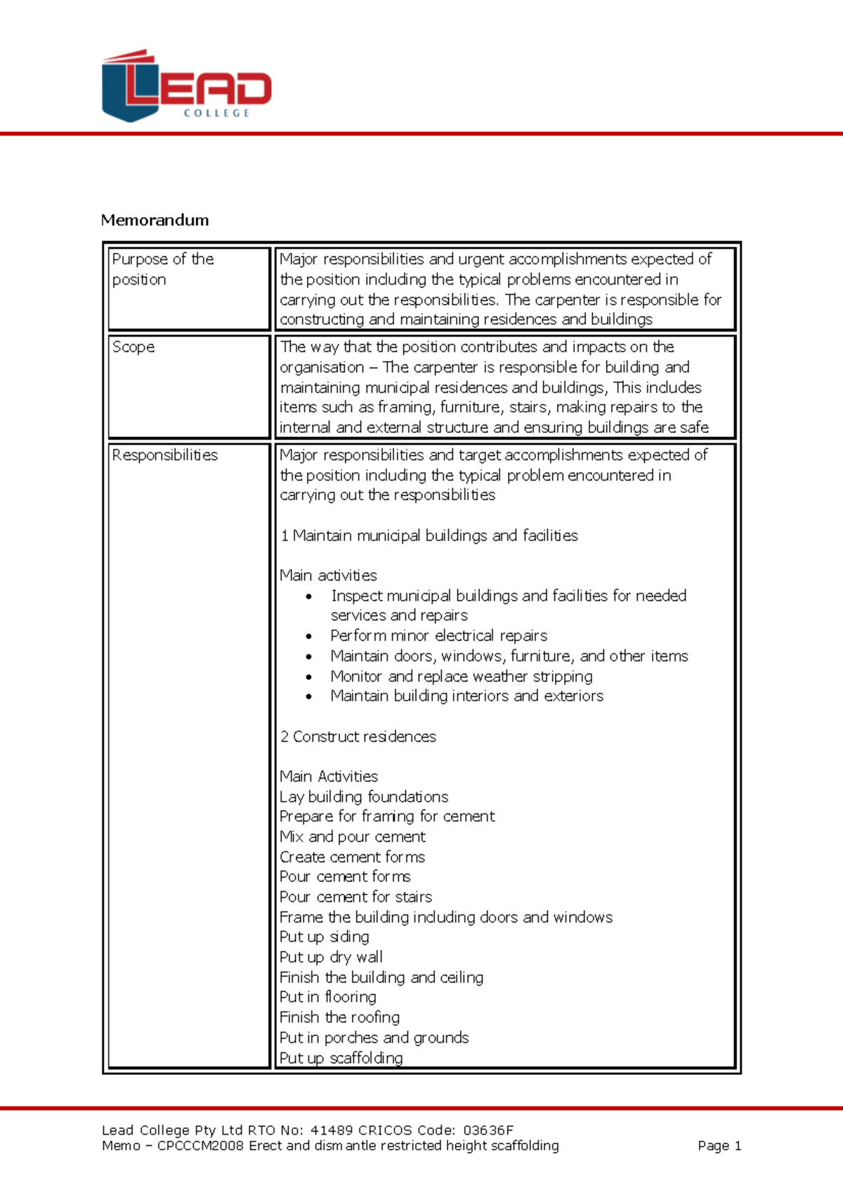 9A Task 3 Attachment 6 Memo - Lead College Pty Ltd RTO No: 41489 CRICOS ...