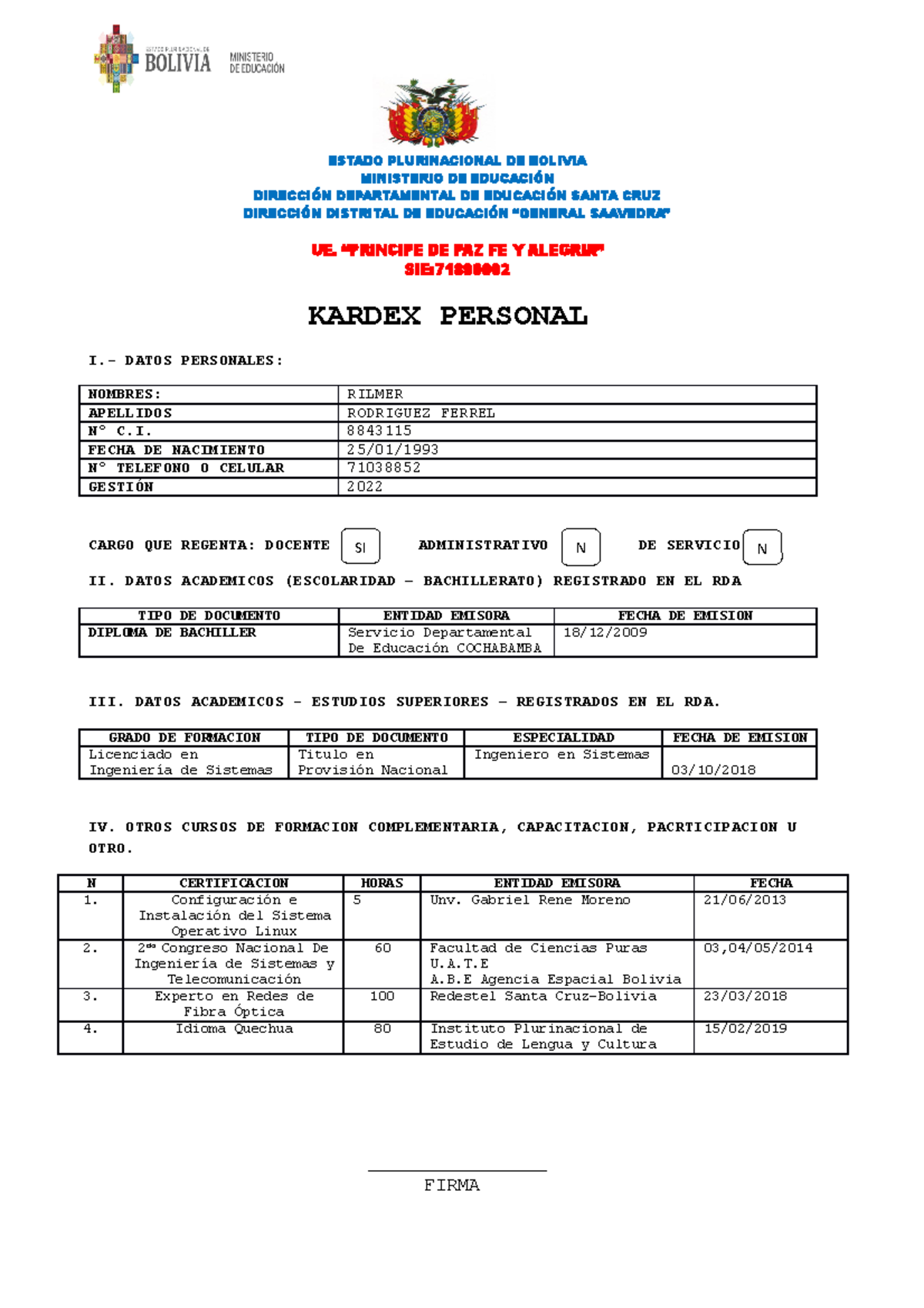 Kardex Docente PARA Distrito 2022 - ESTADO PLURINACIONAL DE BOLIVIA MINISTERIO DE EDUCACIÓN ...
