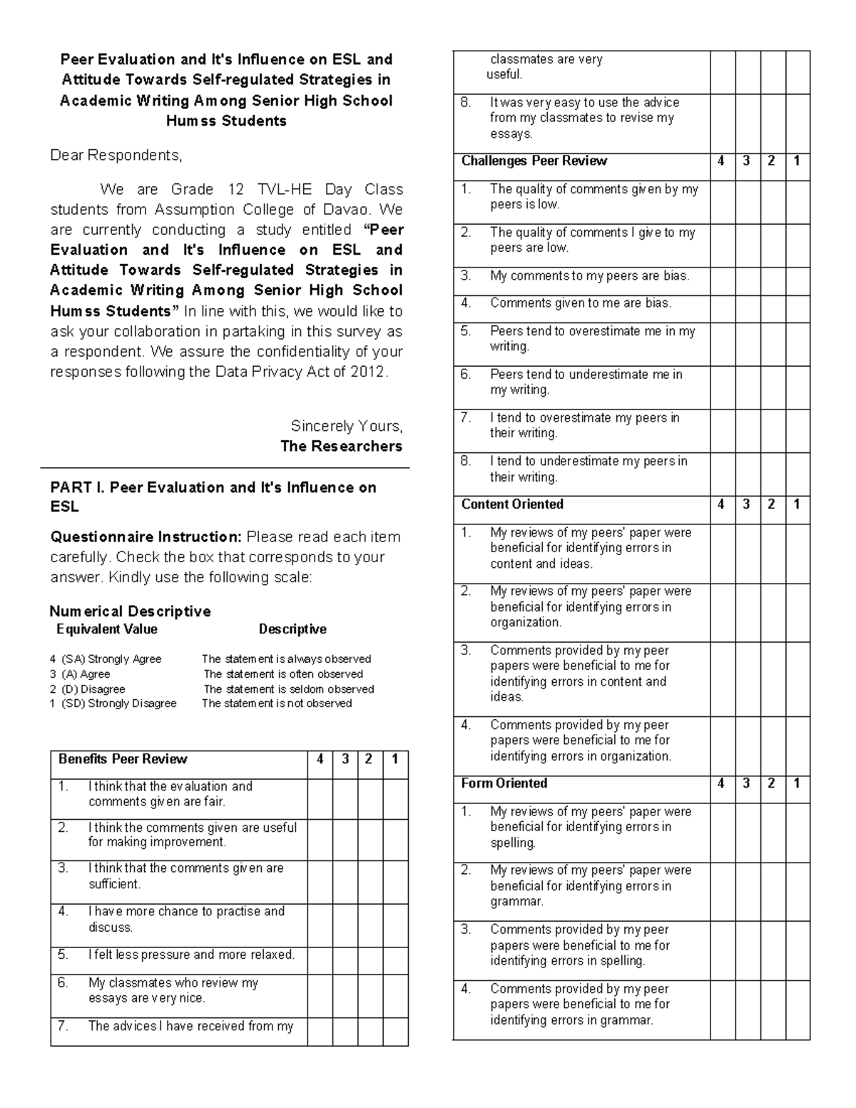 Final Survey SA IRO - Peer Evaluation and It's Influence on ESL and ...