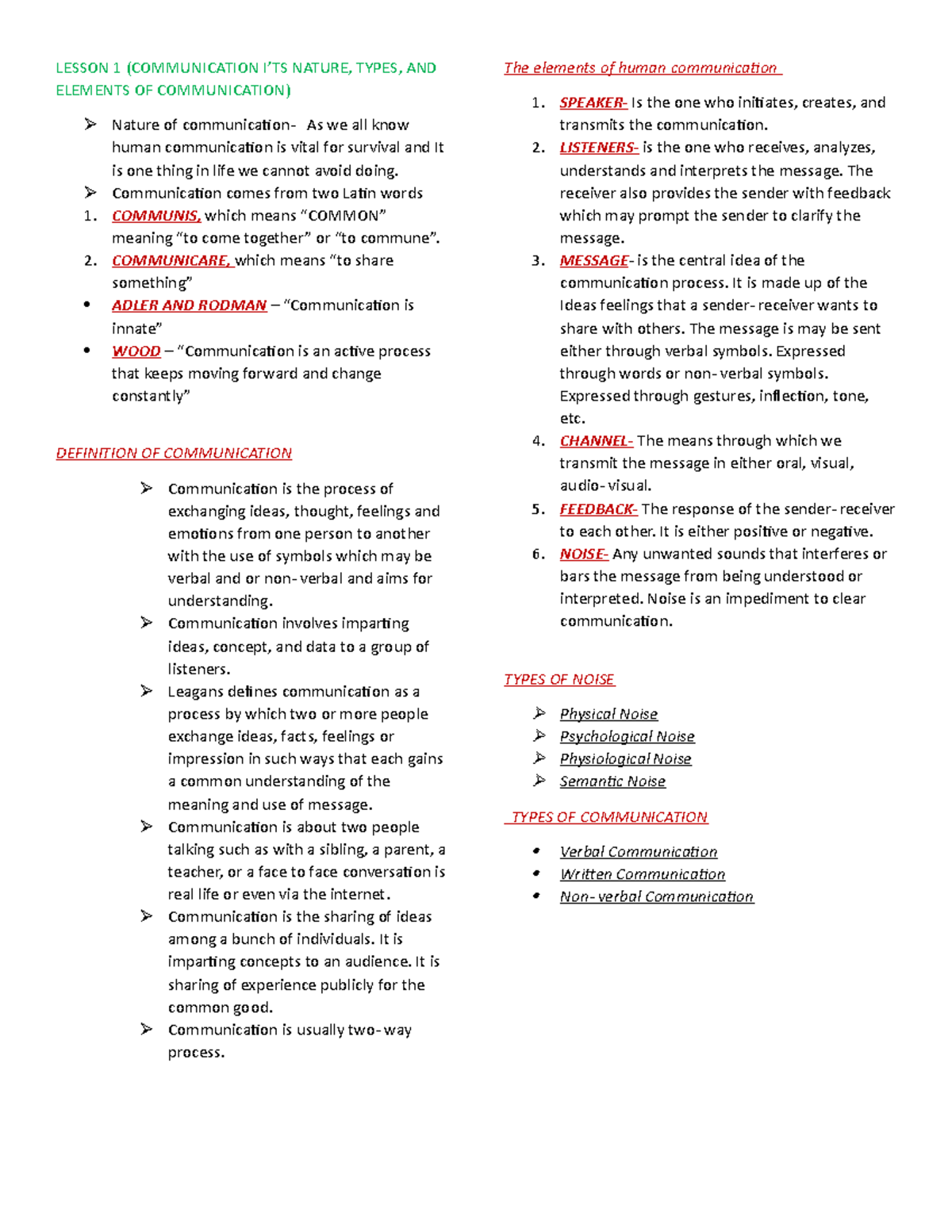 Purcom - summaries - LESSON 1 (COMMUNICATION I’TS NATURE, TYPES, AND ELEMENTS OF COMMUNICATION ...
