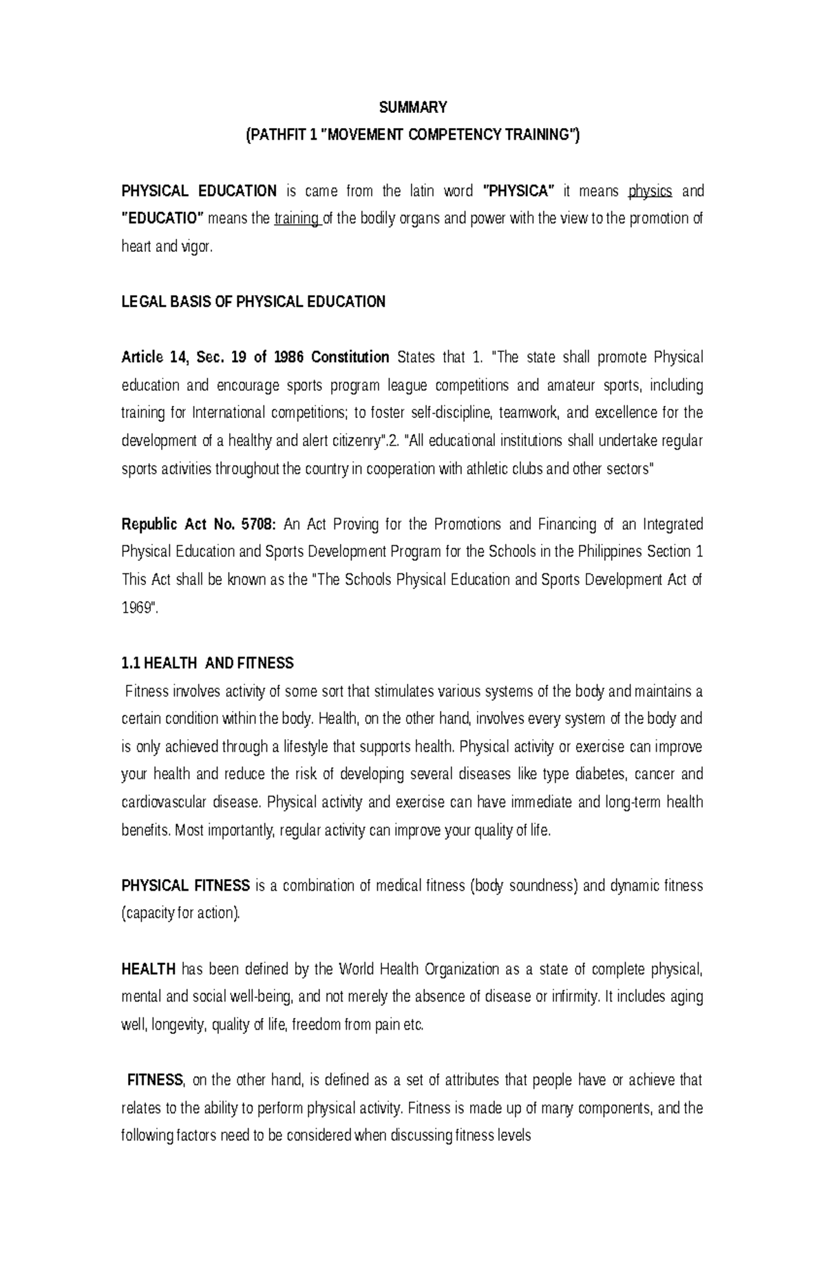 Summary. Pathfit 1 docx - SUMMARY (PATHFIT 1 "MOVEMENT COMPETENCY ...