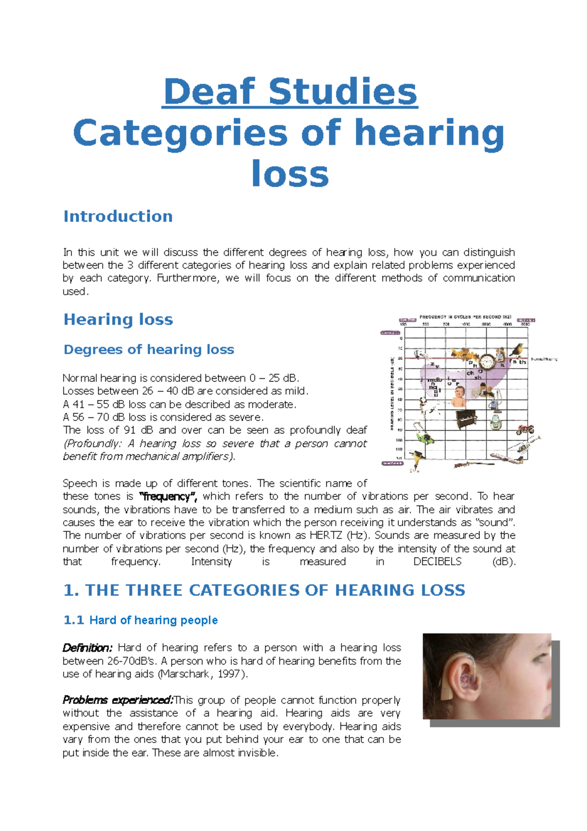 Deaf Studies theory handout - Deaf Studies Categories of hearing loss ...