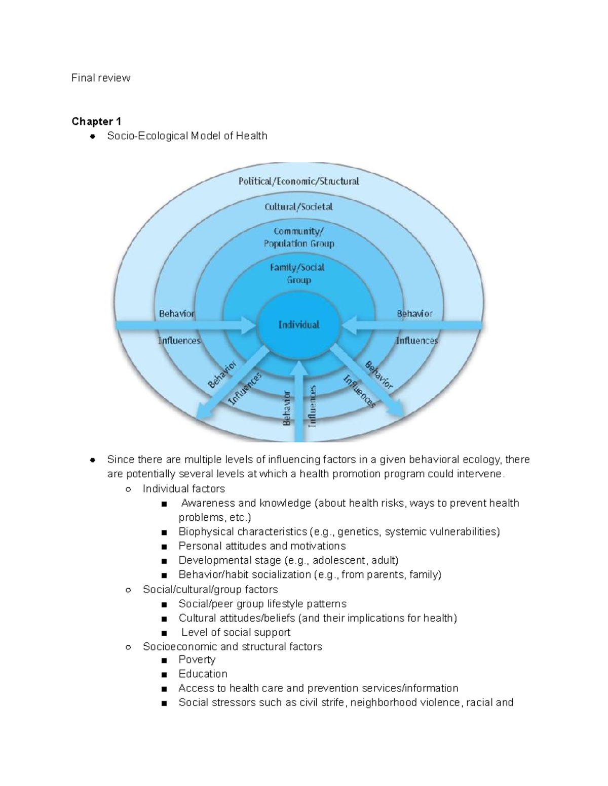 Final Lecture Notes - Final review Chapter 1 Socio-Ecological Model of ...