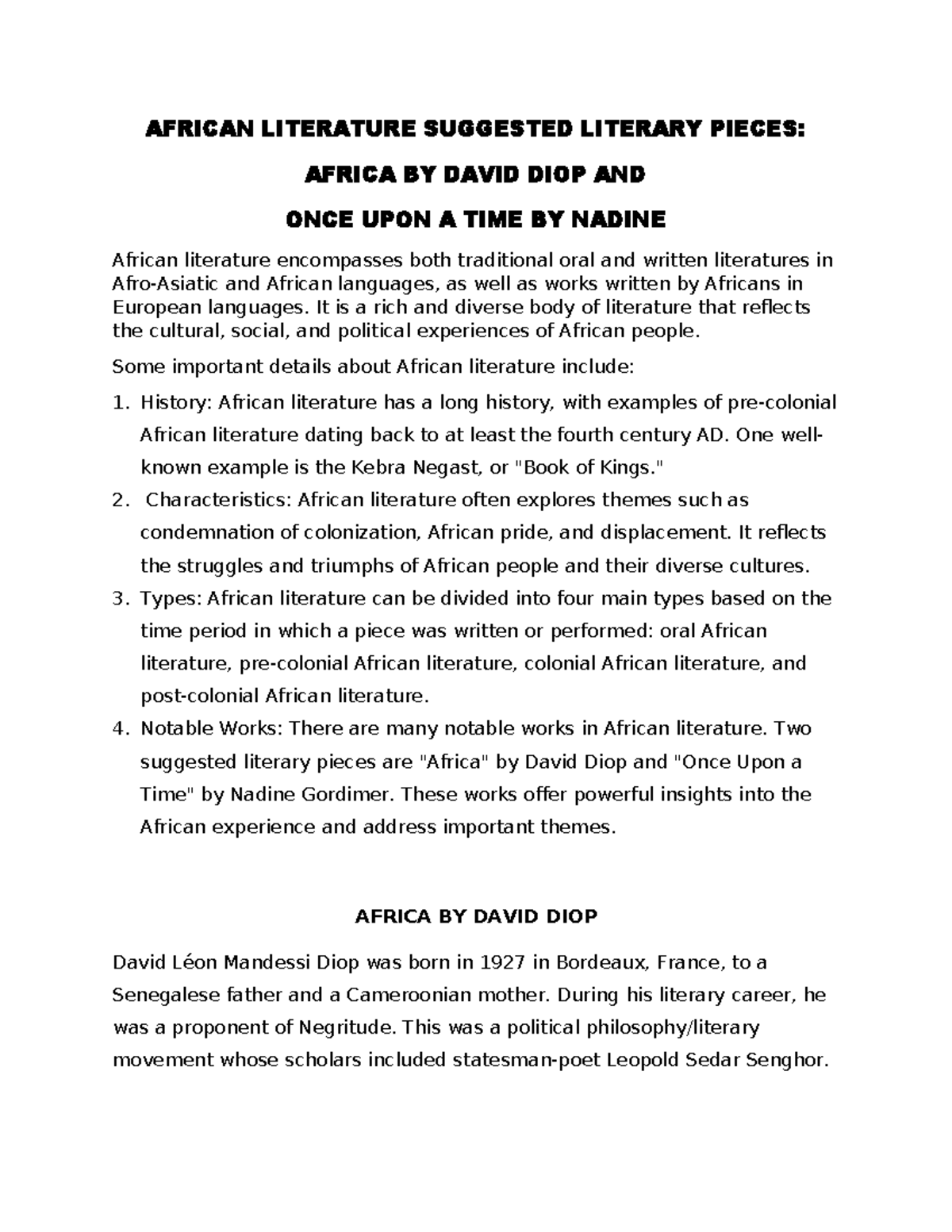 African Literature Suggested Literary Pieces - AFRICAN LITERATURE ...