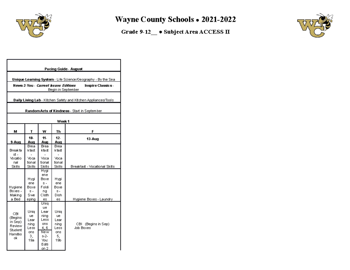 Template Pacing Guides- used for lesson plans - Pacing Guide - August ...