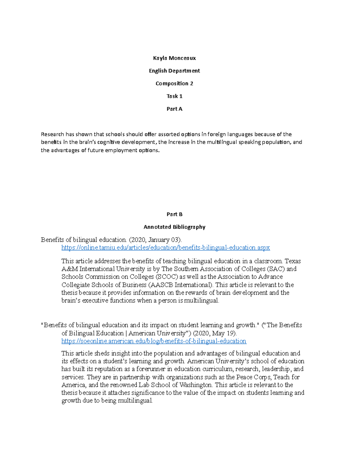 English Comp 2 Task 1 Part A B - Kayla Monceaux English Department ...