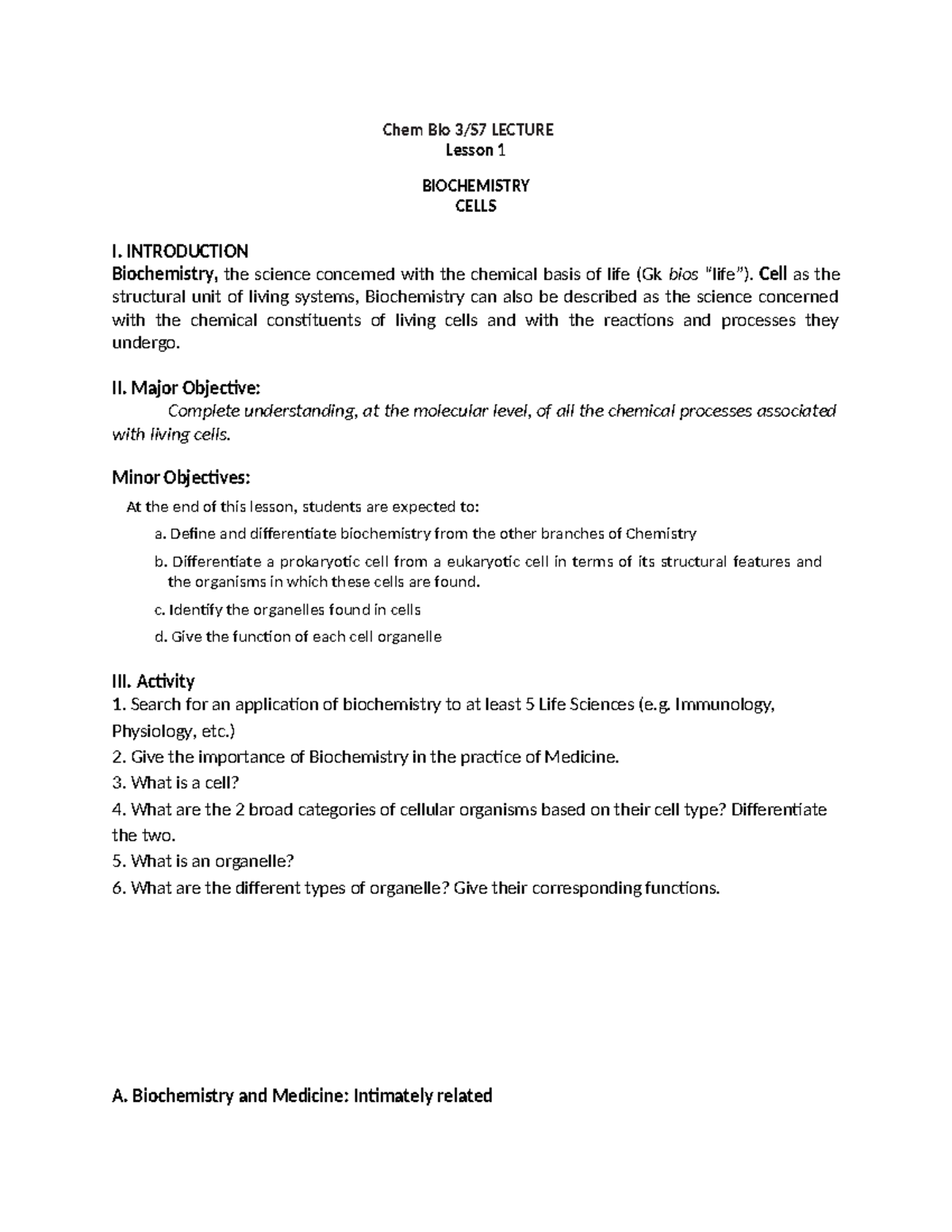 Lec M1 - Bchem and Cells - Introduction to Biochemistry - Chem Bio 3/S7 ...