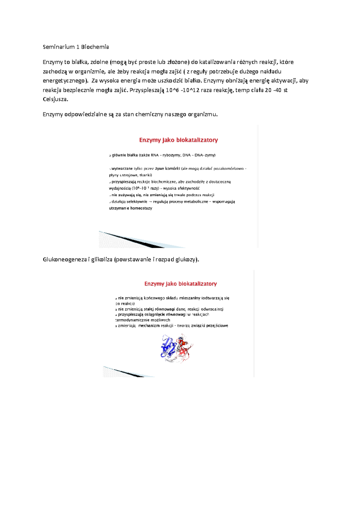 Sem1 - enzymy - Seminarium z biochemii - Seminarium 1 Biochemia Enzymy ...