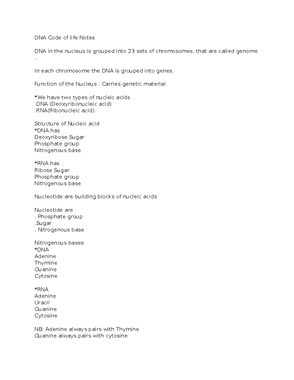 DNA Code of life Notes - CODES - DNA Code of life Notes DNA in the ...