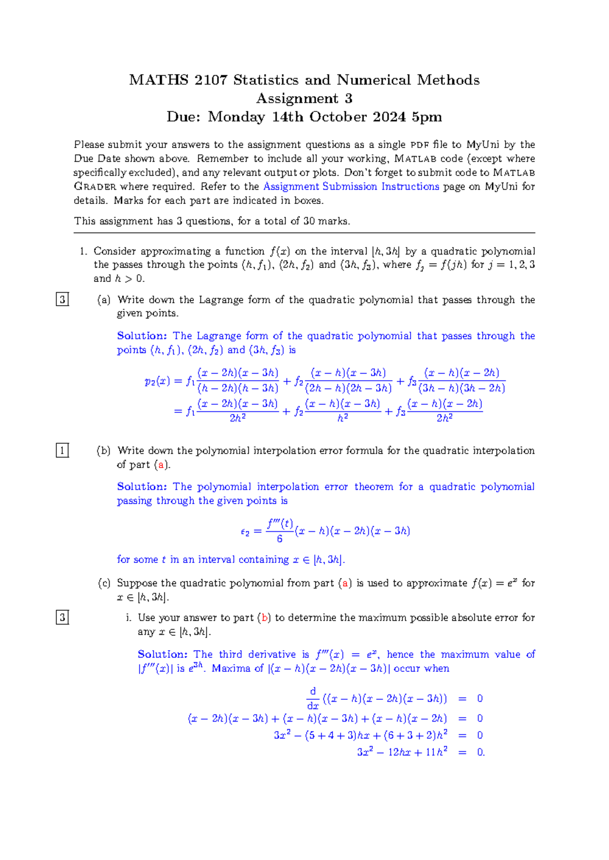 SNMA3S - Solutions Assignment 3 - MATHS 2107 Statistics and Numerical Methods Assignment 3 Due ...