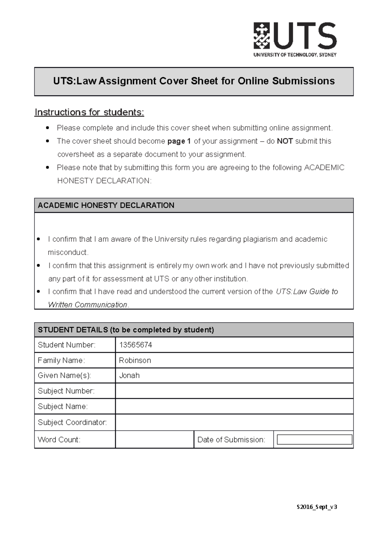 Cover Sheet - law essays - UTS:Law Assignment Cover Sheet for Online ...