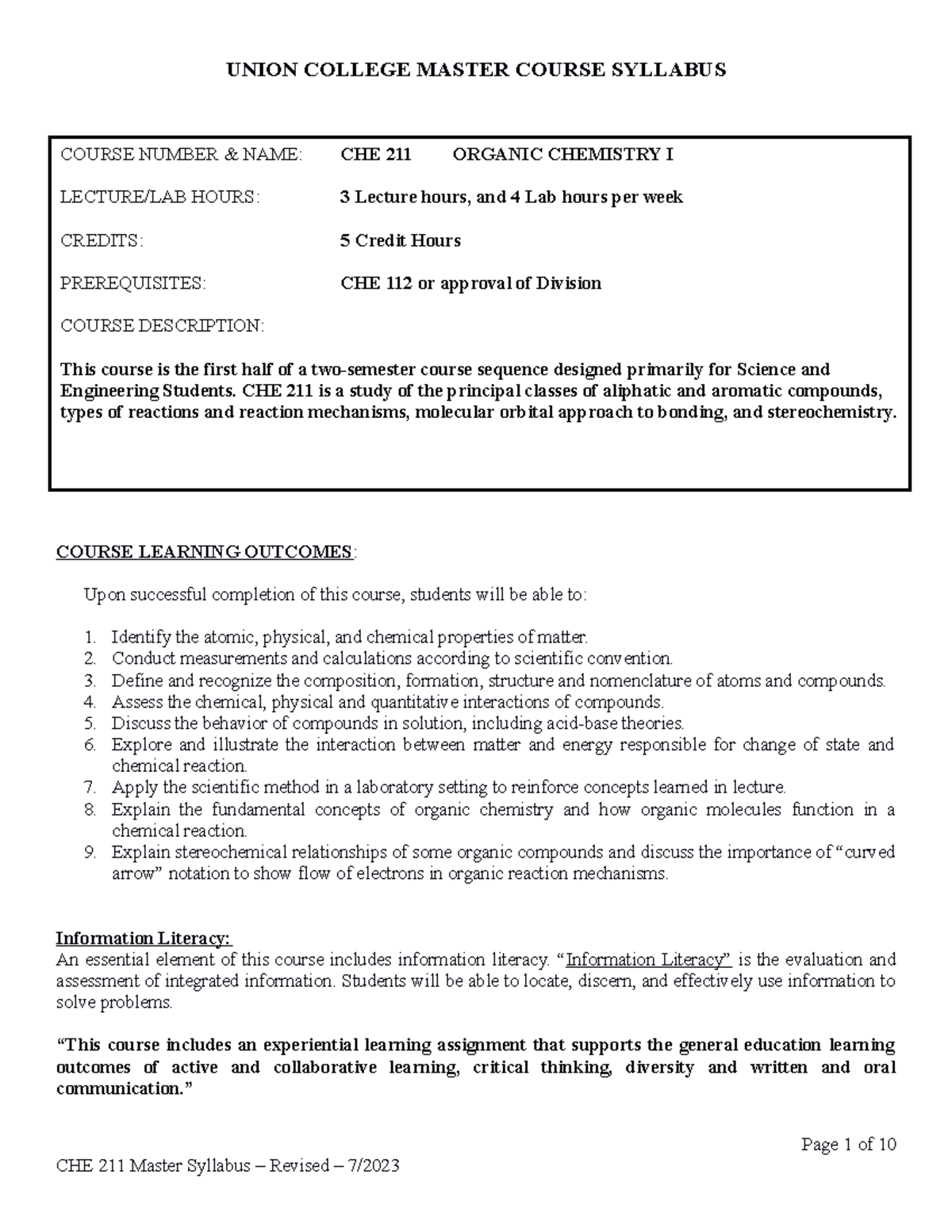 CHE 211 - Master Syllabus - July 2023 - COURSE LEARNING OUTCOMES: Upon ...