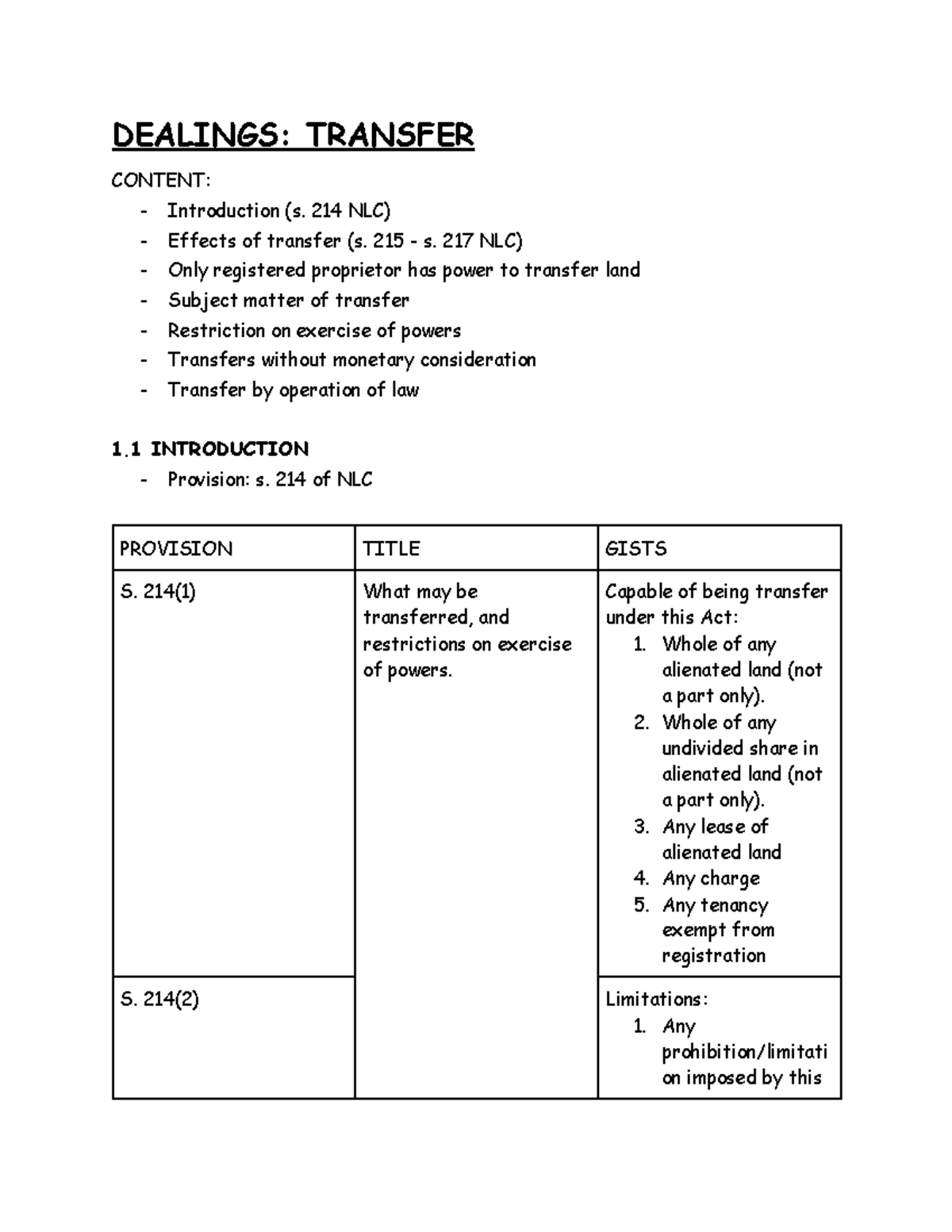 Transfer - Dealings - notes - DEALINGS: TRANSFER CONTENT: Introduction ...