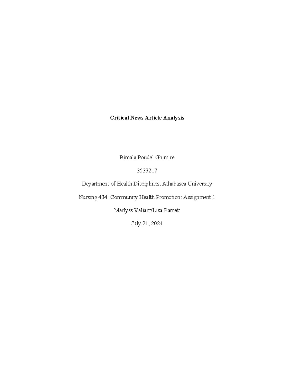 Nursing 434 assignment 1 - Critical News Article Analysis Bimala Poudel ...