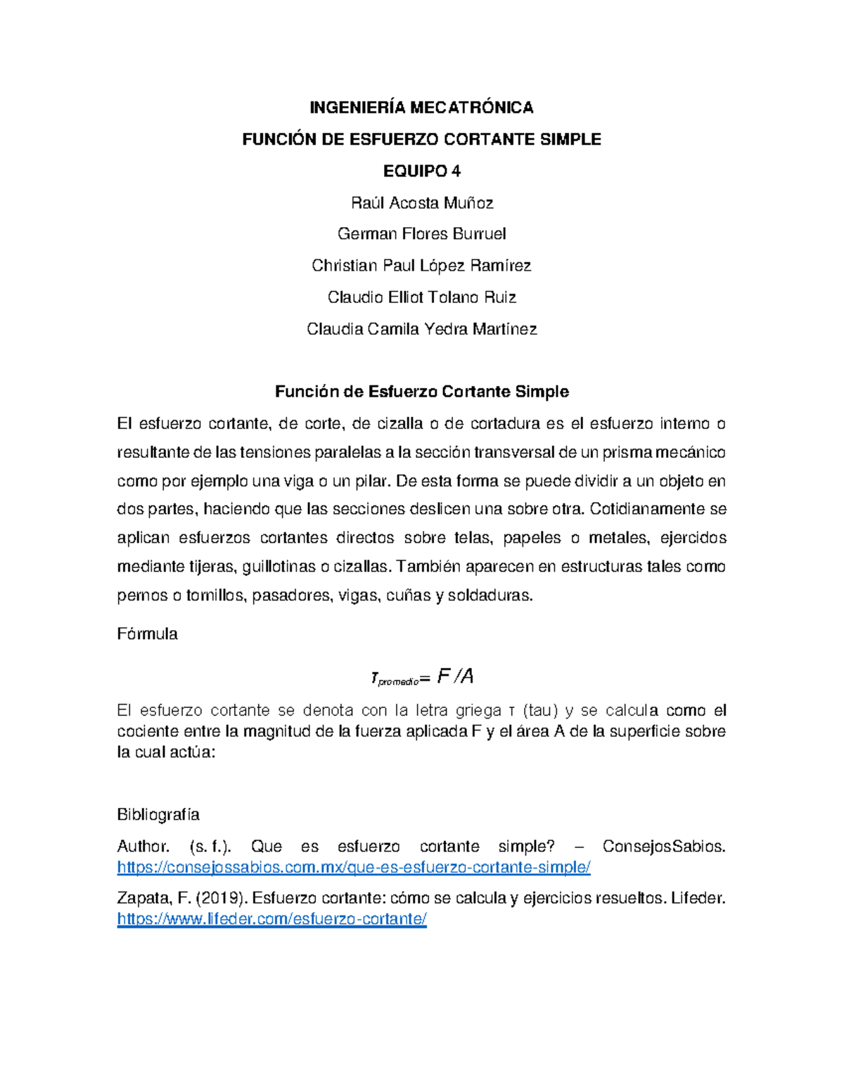 Funcion cortante simple - INGENIERÍA MECATRÓNICA FUNCIÓN DE ESFUERZO ...