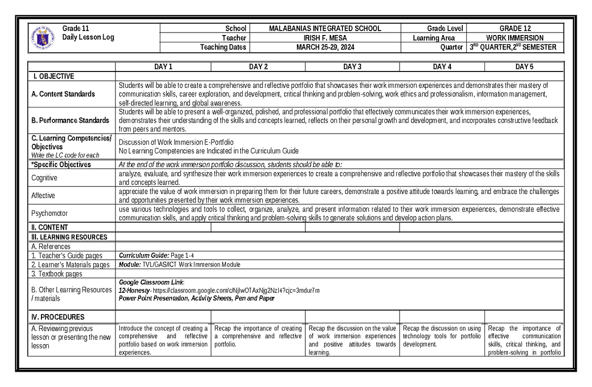 3RD- 8TH WEEK- WI-DLL - DAILY LESSON LOG IN WORK IMMERSION - Grade 11 ...