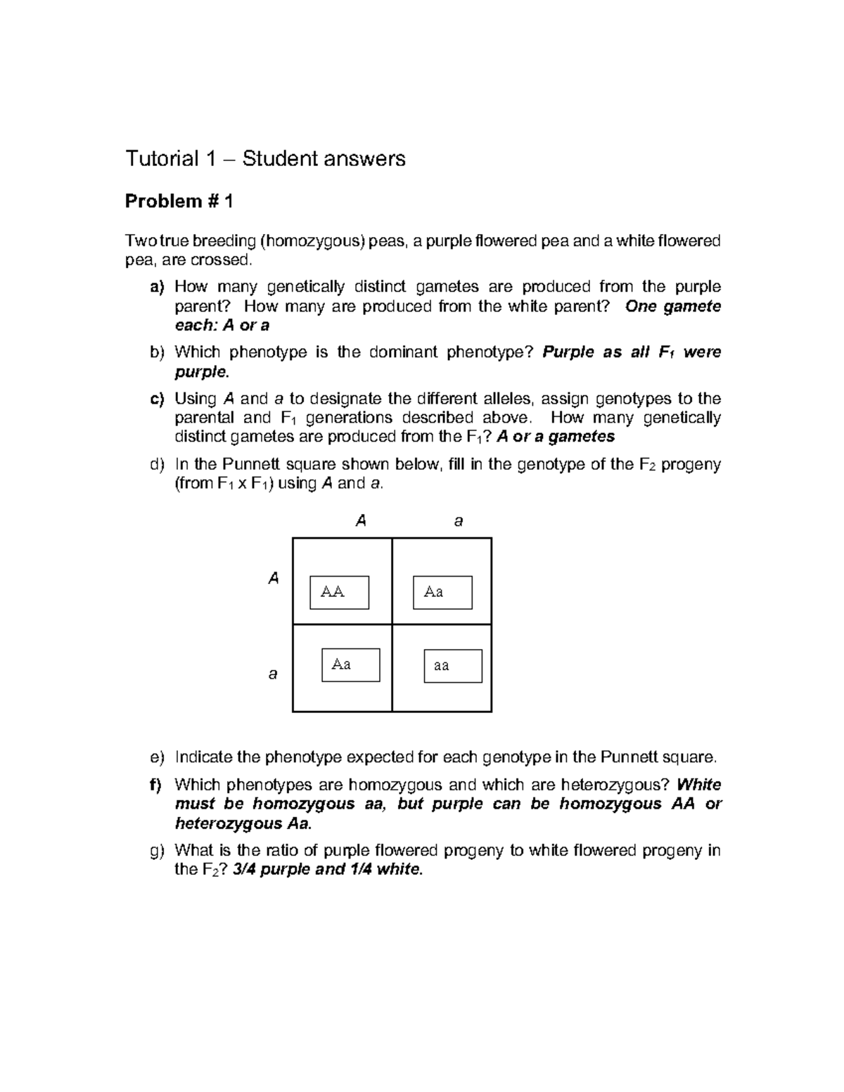 Tutorial 1 answers - Tutorial 1 – Student answers Problem # 1 Two true breeding (homozygous ...