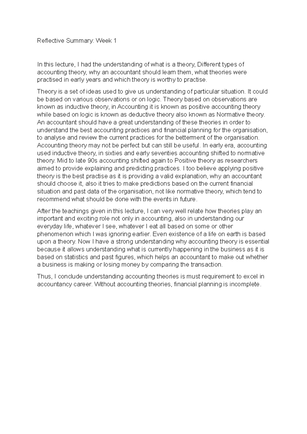 Reflective Summary Week 1 - Theory is a set of ideas used to give us ...