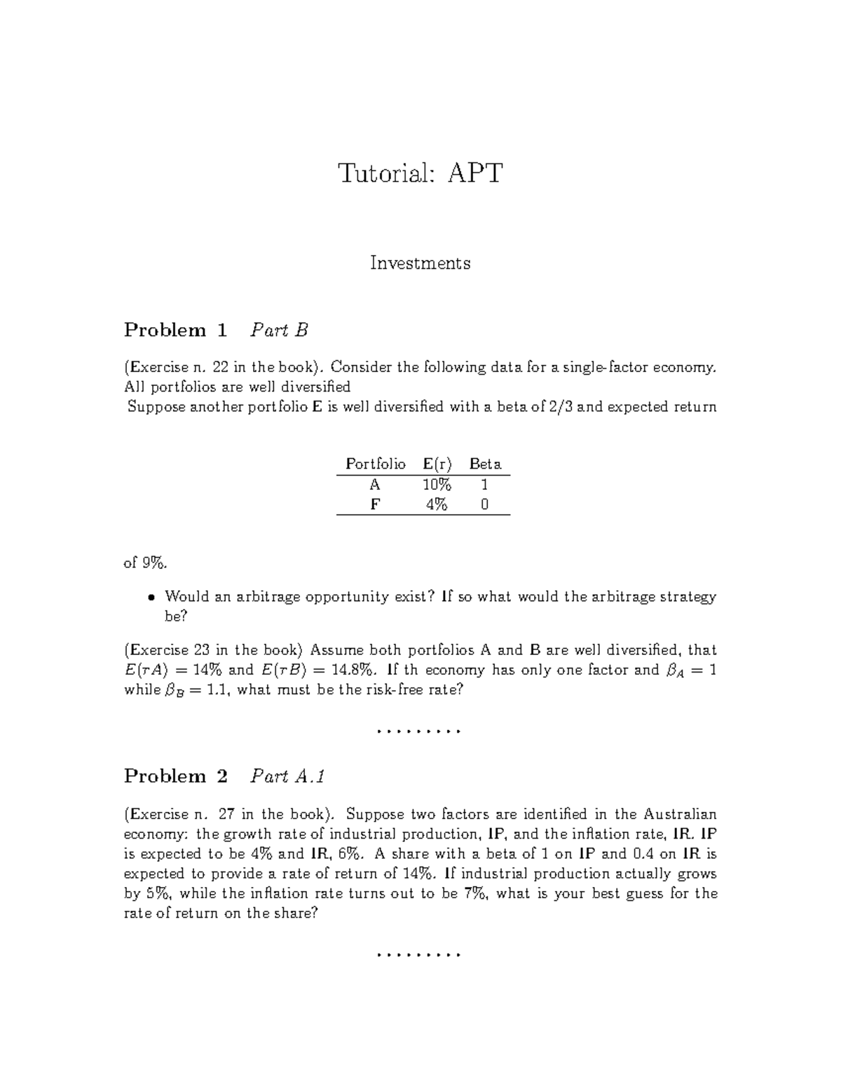 5 Problem set APT - Tutorial WEEK 5 - Tutorial: APT Investments Problem ...