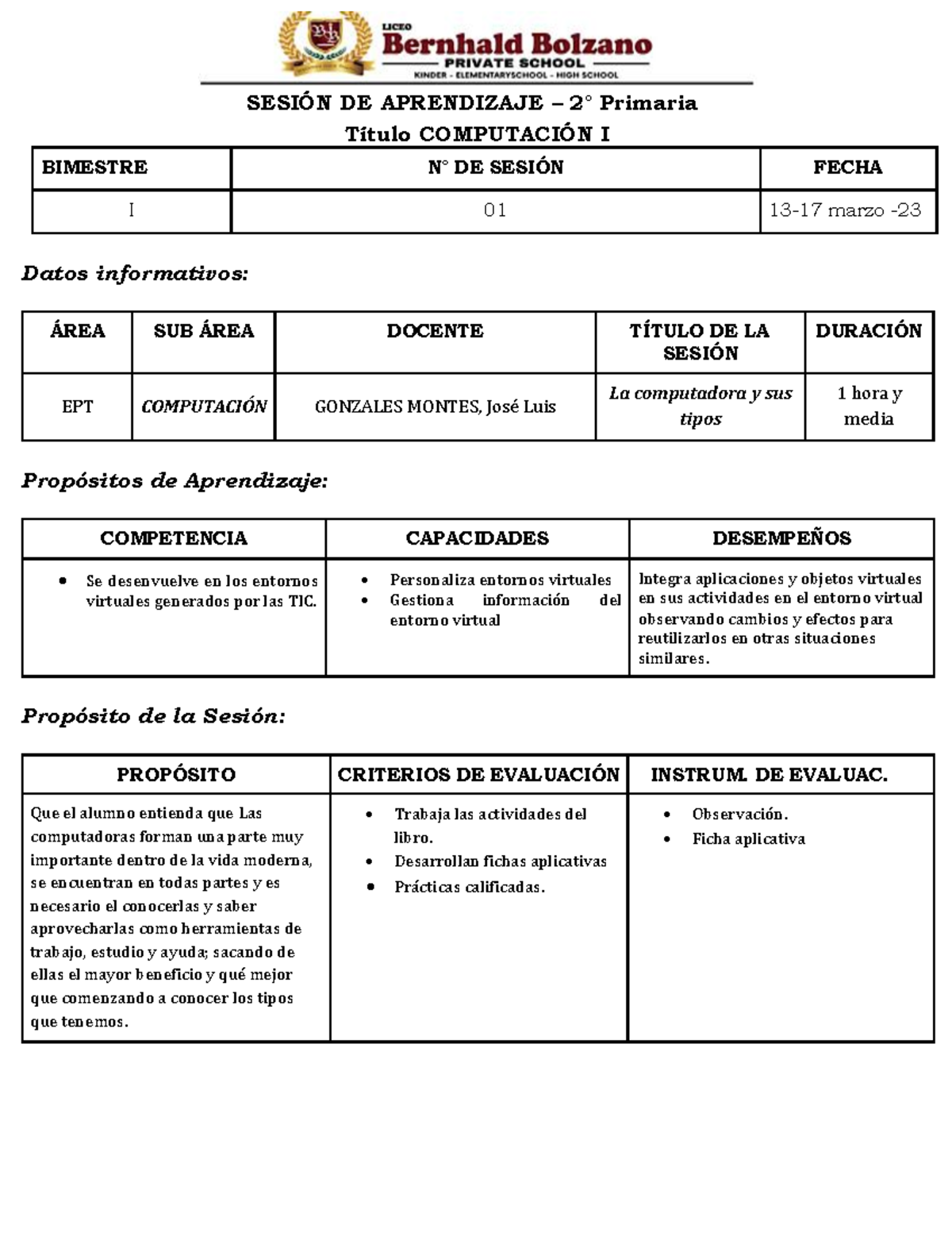 2DO Primaria - 01 - bnnbb - SESIÓN DE APRENDIZAJE – 2° Primaria Título ...