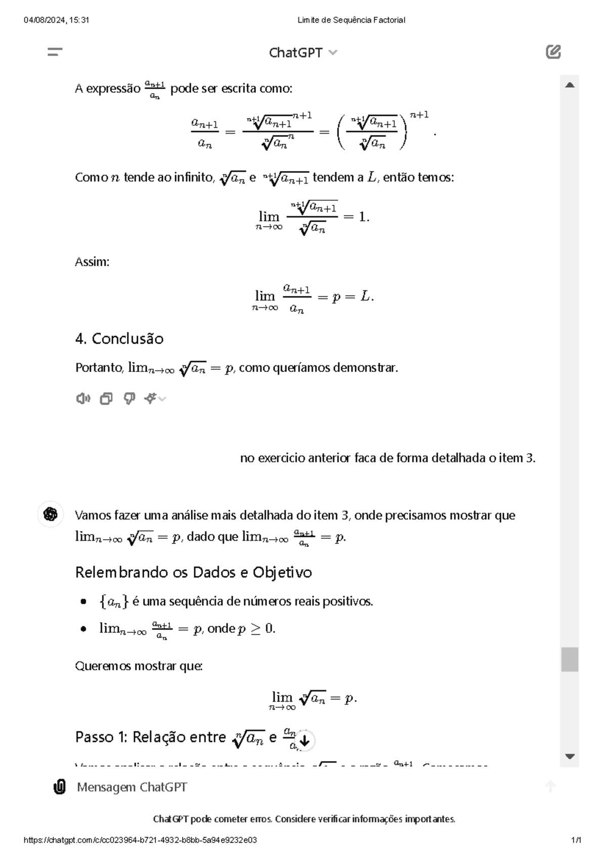 Criterio de Cauchy exer 3 pag33 - A expressão pode ser escrita como: Como tende ao infinito, e ...