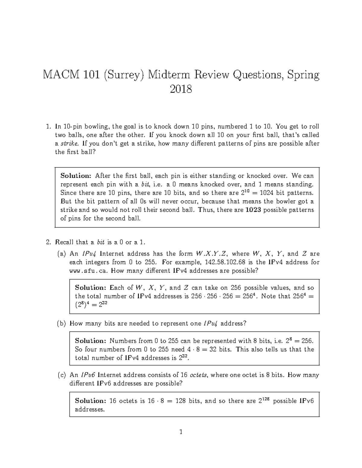 Midterm review sol - MACM 101 (Surrey) Midterm Review Questions, Spring 2018 In 10-pin bowling ...