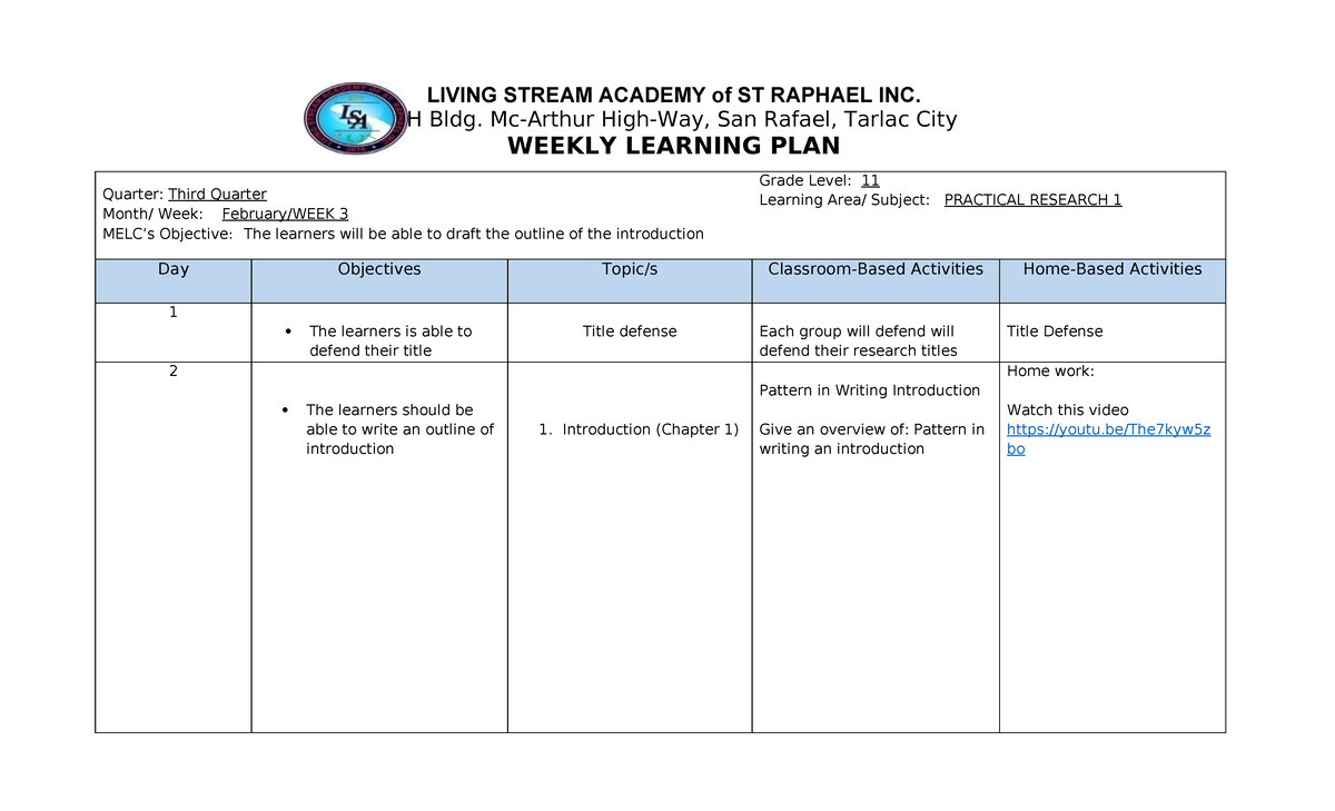 Weekly Learning Plan-PR1 - WEEK 3 - LIVING STREAM ACADEMY of ST RAPHAEL ...