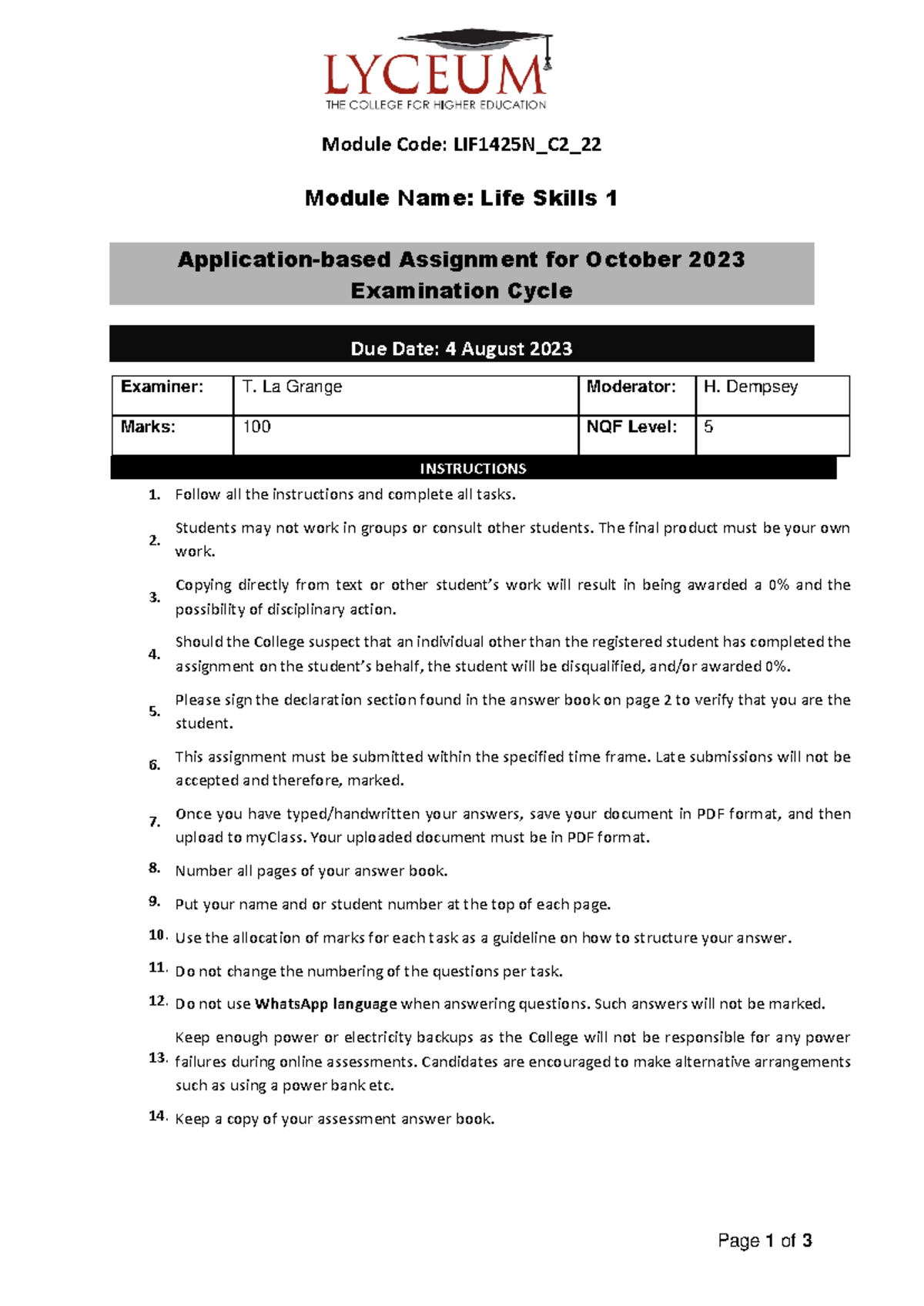 LIF1425N C2 22 Assignment - Page 1 of 3 Module Code: LIF1425N_C2 ...