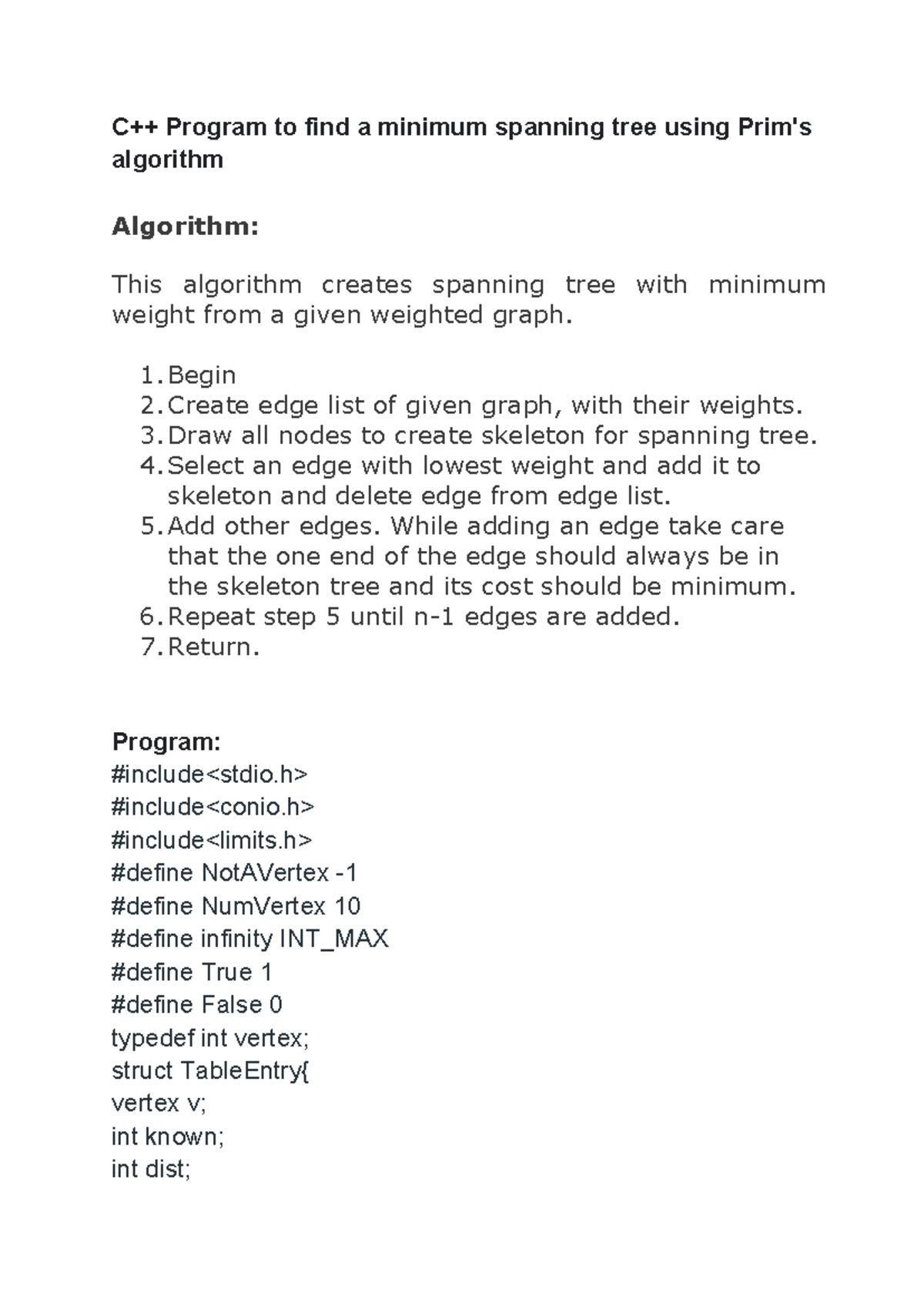 Prim and Kruskal Algorithm - C++ Program to find a minimum spanning tree using Prim's algorithm ...