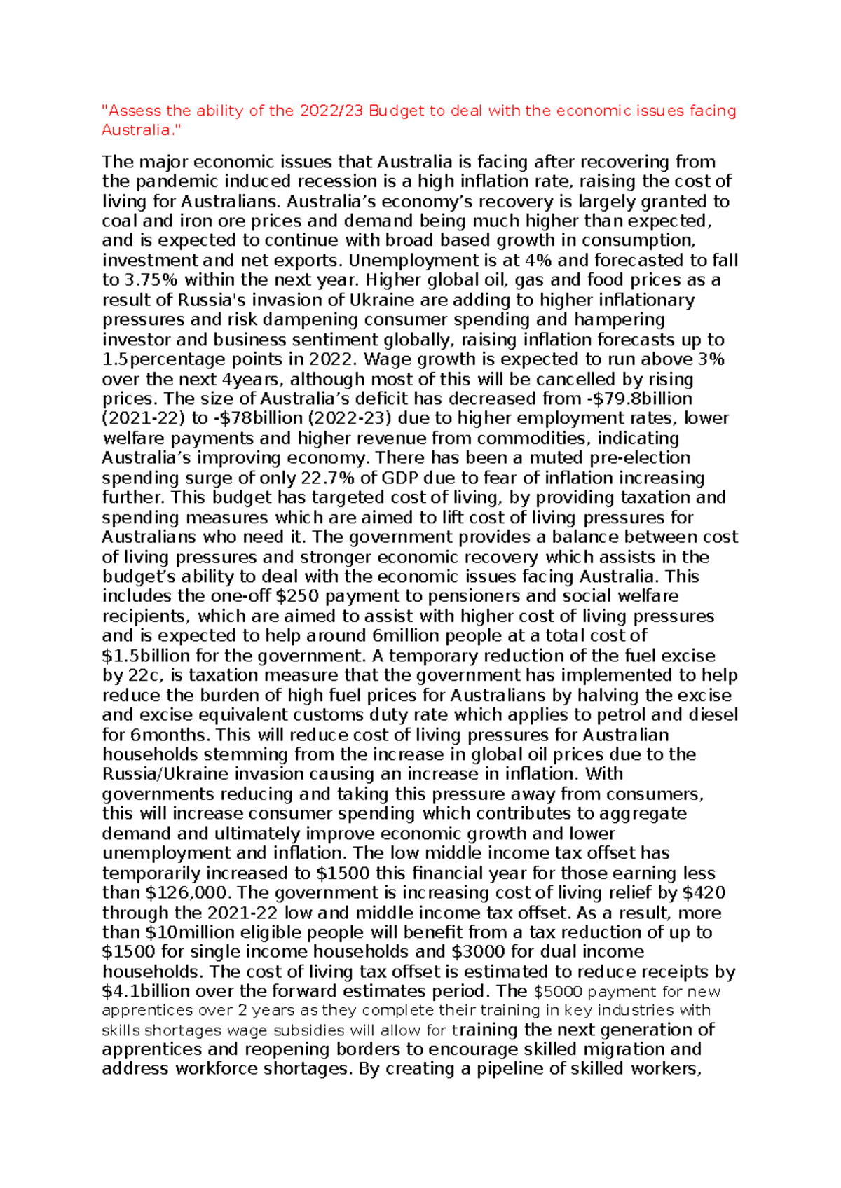 Budget 500-800 word essay - "Assess the ability of the 2022/23 Budget to deal with the economic ...