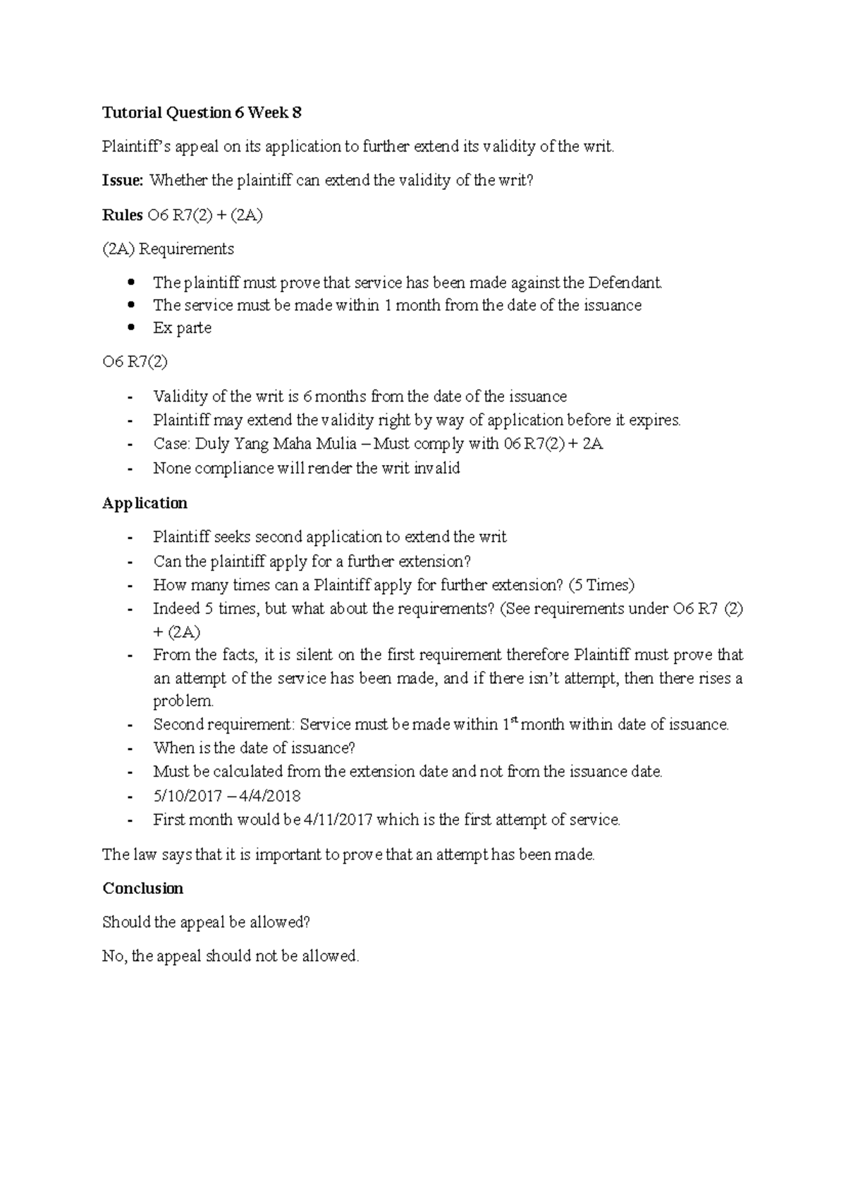 Civil Brownfile - Tutorial Question 6 Week 8 Plaintiff’s appeal on its ...
