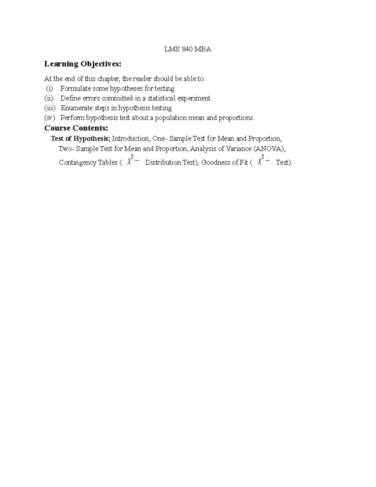 LMS 840 MBA - ####### LMS 840 MBA Learning Objectives: At the end of ...