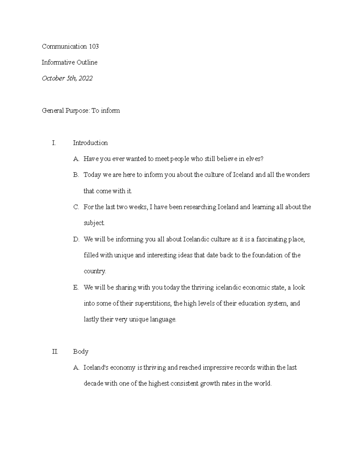 COMM Informative Speech - Communication 103 Informative Outline October ...