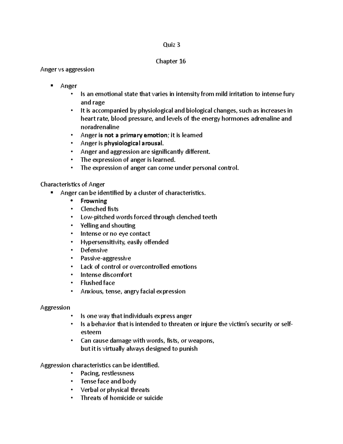 Quiz 3 - practice questions - Quiz 3 Chapter 16 Anger vs aggression ...