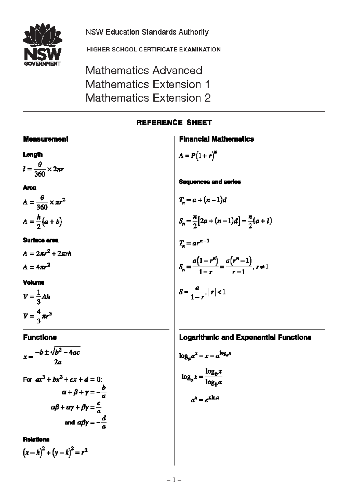 Mathematics advanced extension 1 and extension 2 reference sheet ...