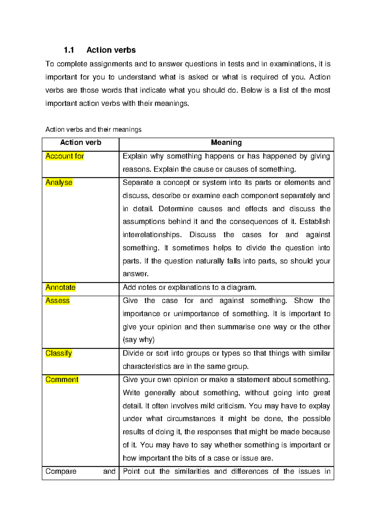 Action verbs - 1 Action verbs To complete assignments and to answer ...