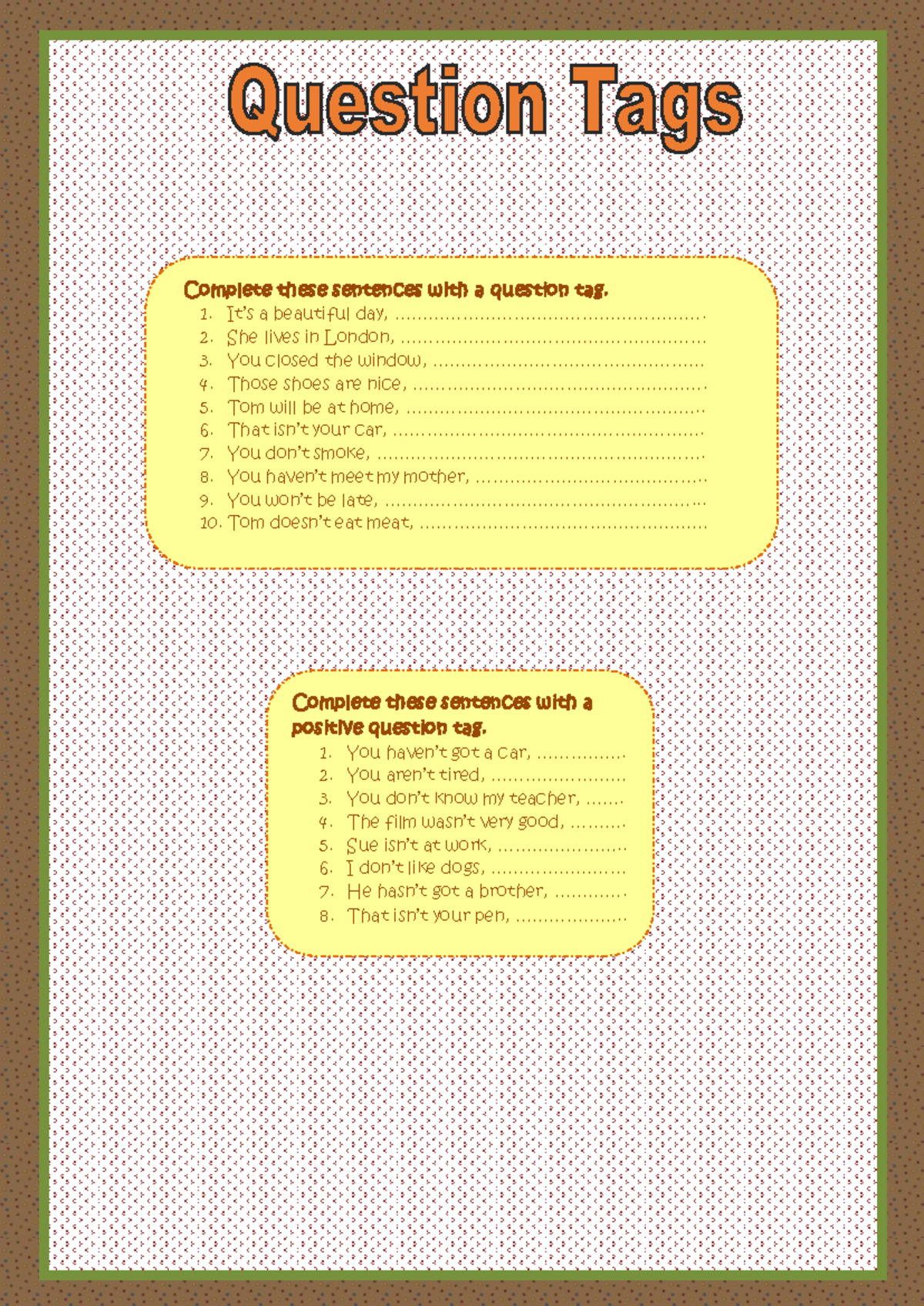 Ejercicios question tag 11 - Complete these sentences with a question ...