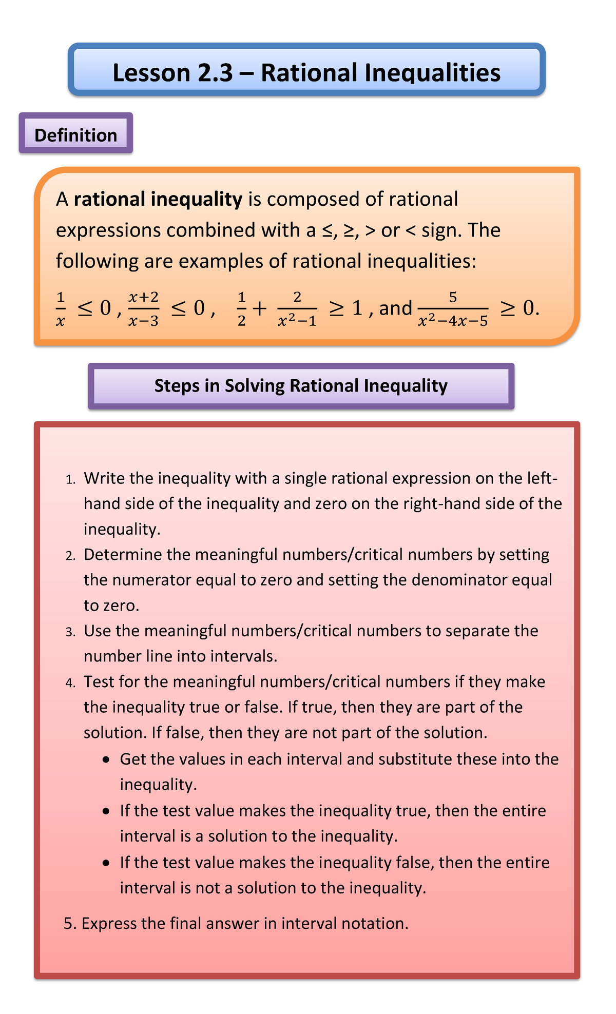 Rational Inequalities - Lesson 2 – Rational Inequalities Definition A ...