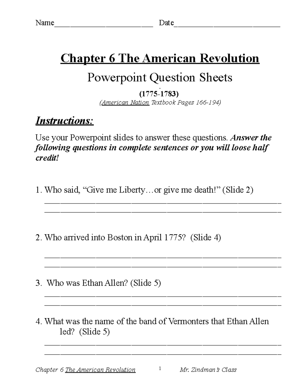 Chapter 6 The American Revolution questions - Chapter 6 The American ...
