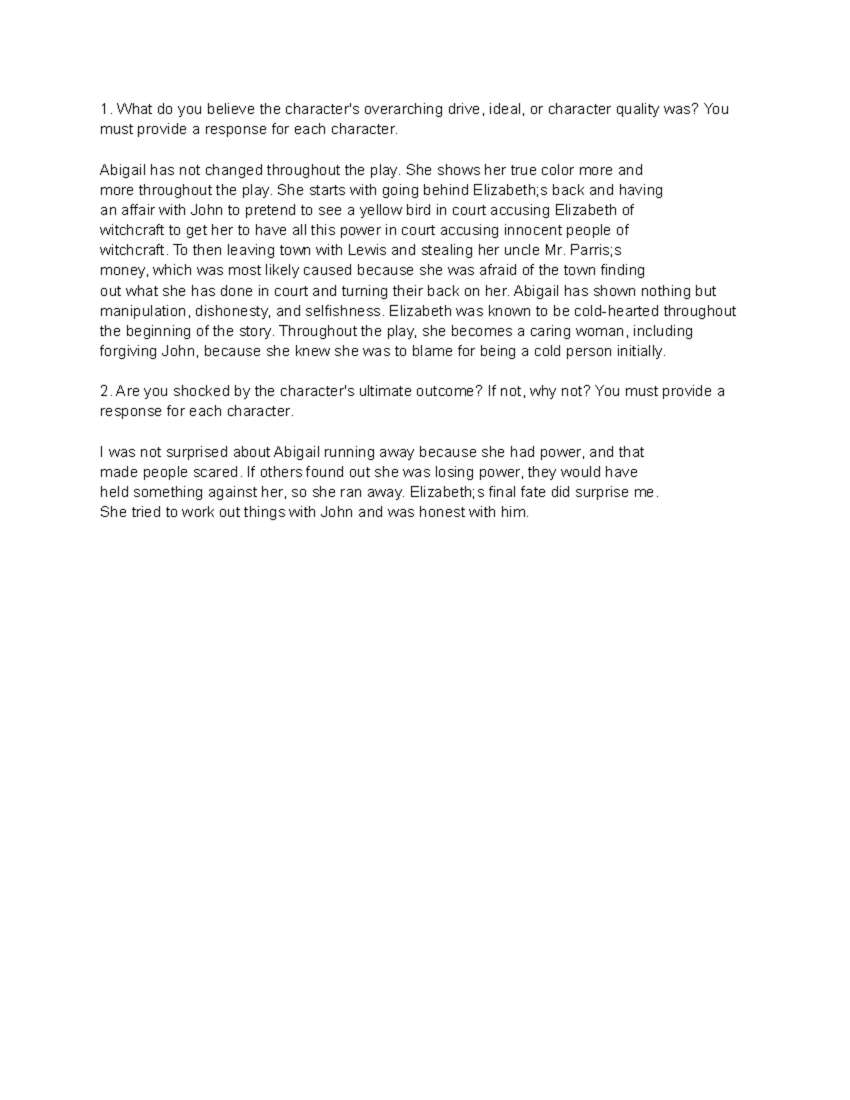 Act IV Character Chart - What do you believe the character's ...