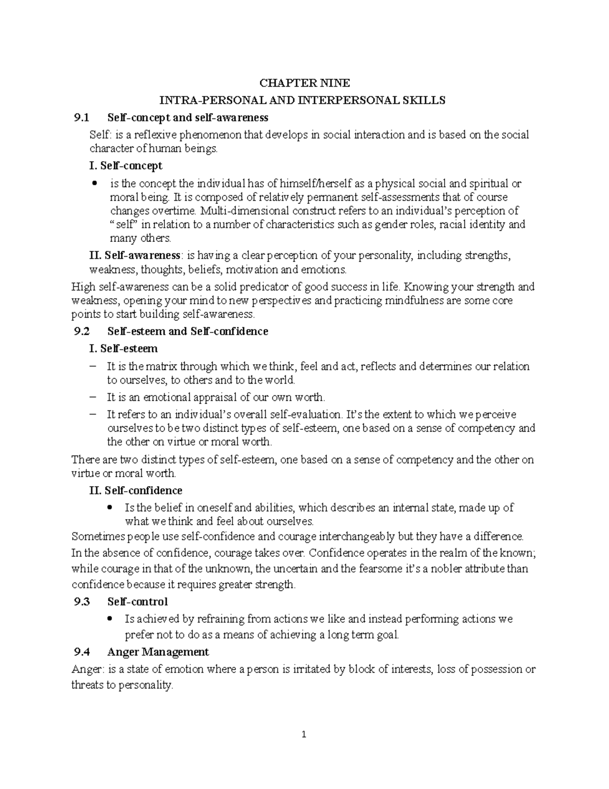 Psycho summary - CHAPTER NINE INTRA-PERSONAL AND INTERPERSONAL SKILLS 9 ...
