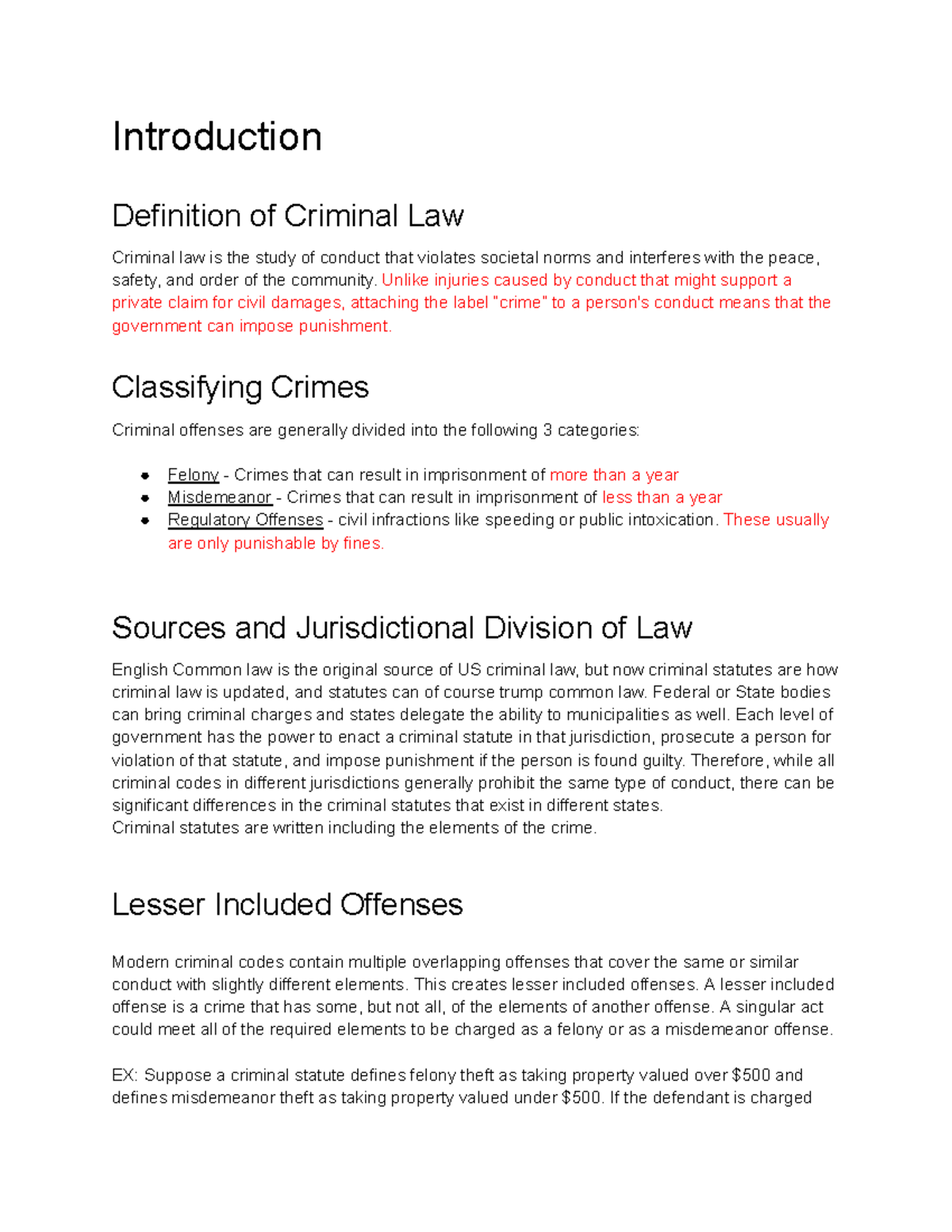 Criminal Law Outline - Introduction Definition of Criminal Law Criminal ...