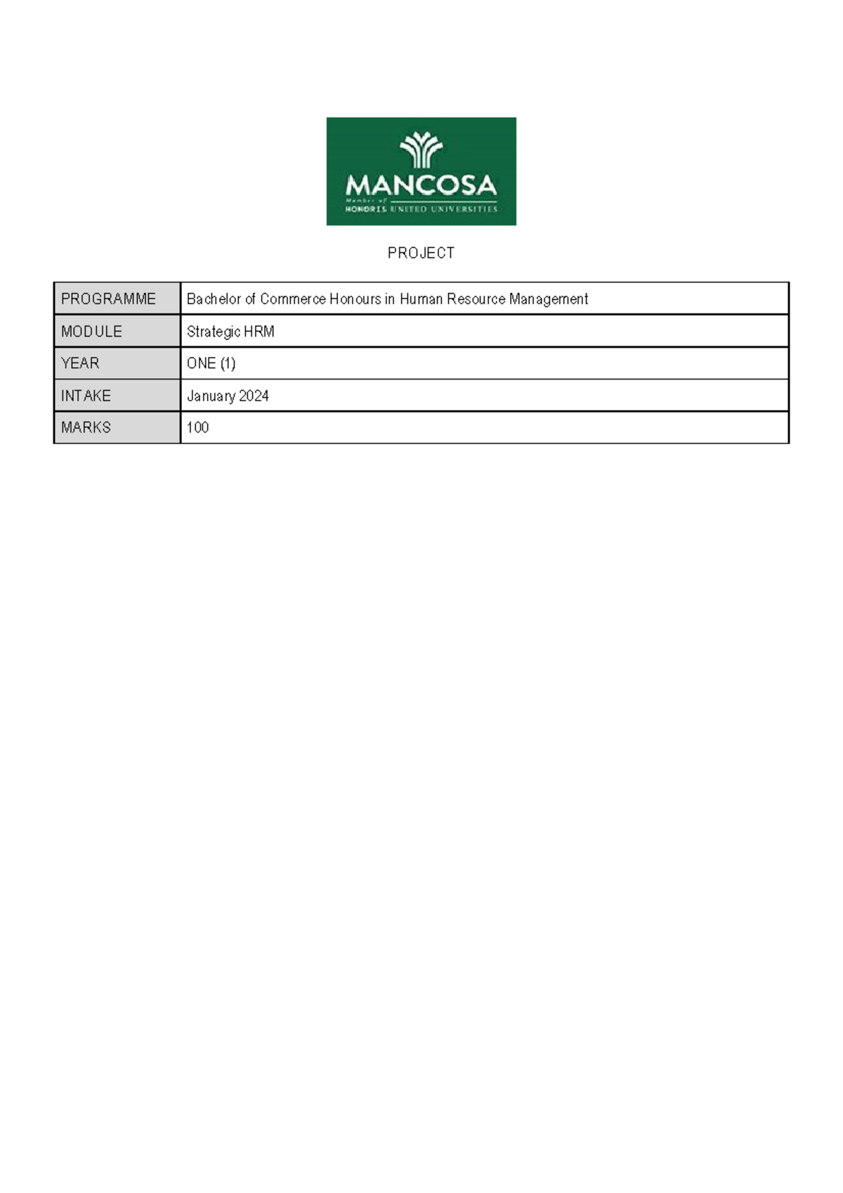 PROJ Jan24 Bcomhonshr SHRM8 Final Project - PROJECT PROGRAMME Bachelor ...
