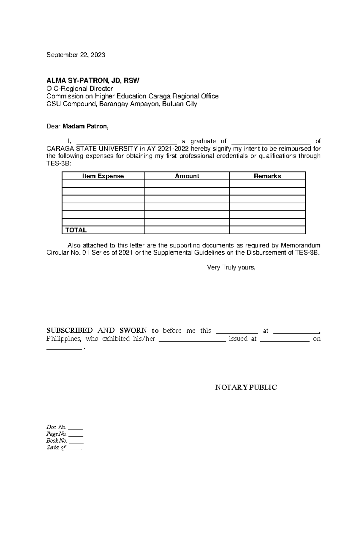 Refund Graduate TES Template Notarized Letter of Intent to be ...