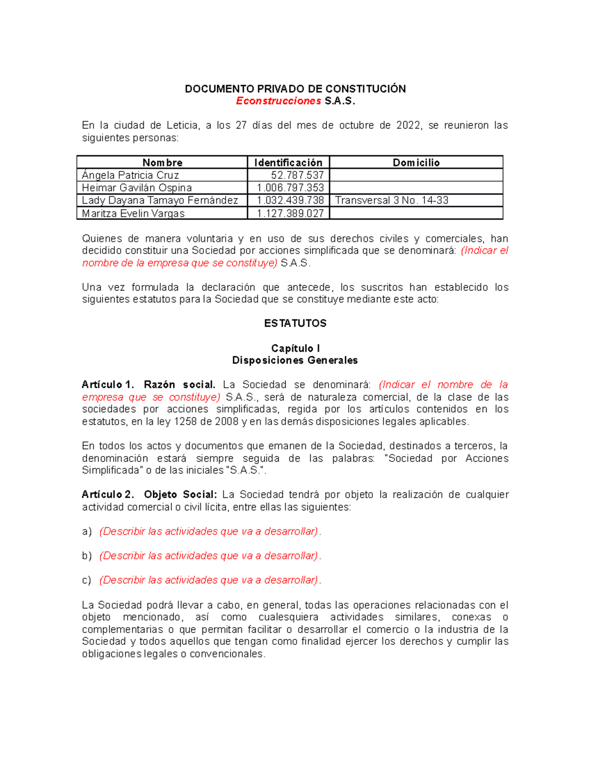 2. modelo de estatutos s.a - DOCUMENTO PRIVADO DE CONSTITUCIÓN ...