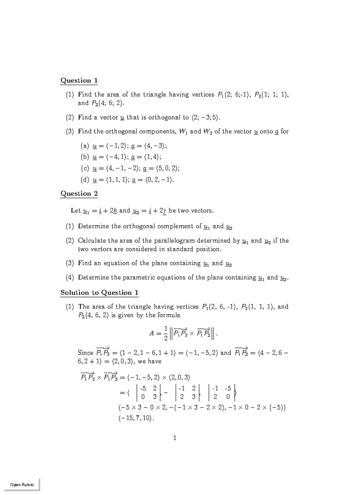 Vectors Additional Examples - Question 1 (1) Find the area of the ...