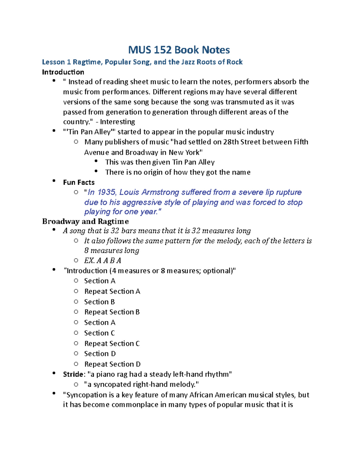 MUS 152 Book Notes Lesson 1-10 - Different regions may have several ...