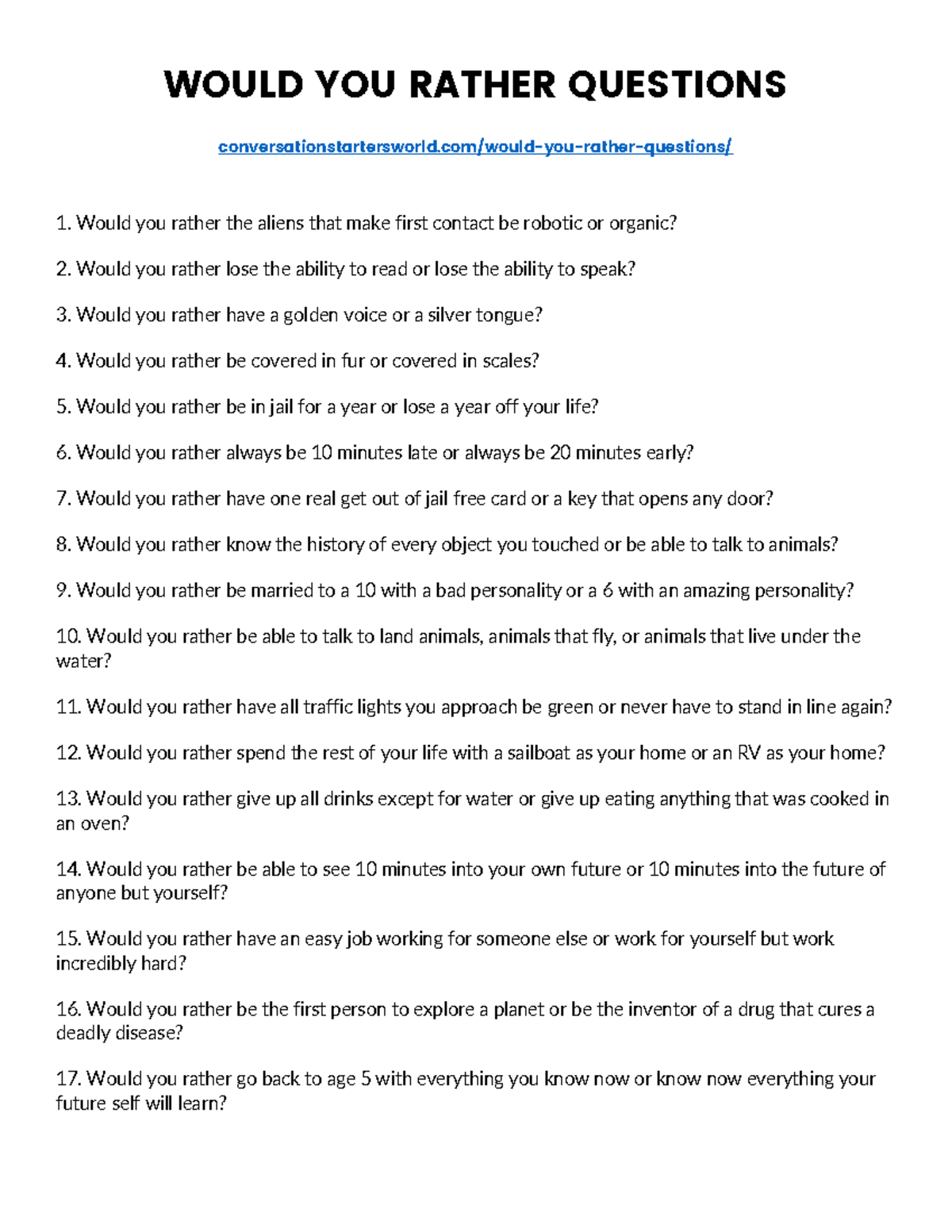 Would you rather questions list - WOULD YOU RATHER QUESTIONS - Studocu